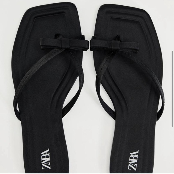 Zara | Shoes | Nwt Zara Flat Sandals With Bow Black Silk Satin Flip ...